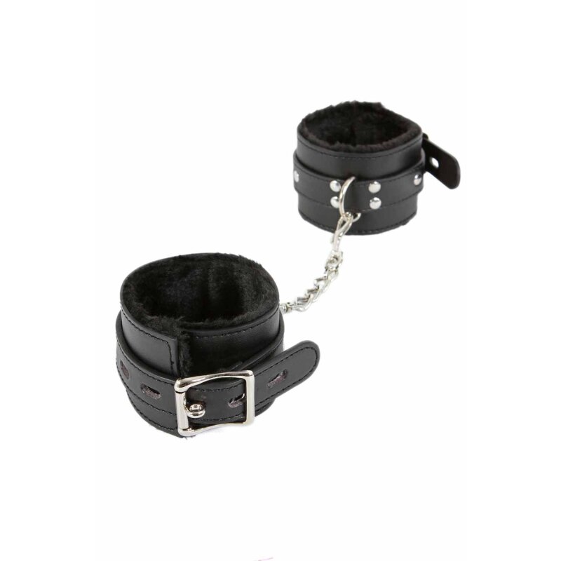 Faux leather bondage handcuffs with plush black, 19,95